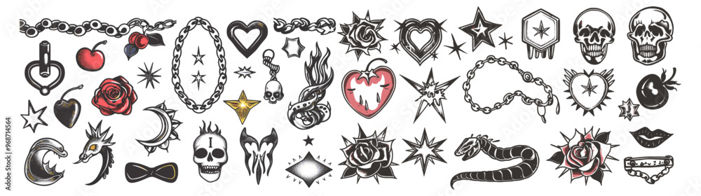 Y2K aesthetic tattoo art set, nostalgic tattoo art, early 2000s graphics, retro tattoo designs ...