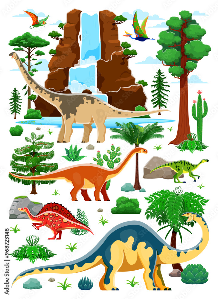 Prehistoric dinosaurs in a lush landscape. Vector set of dino species ...
