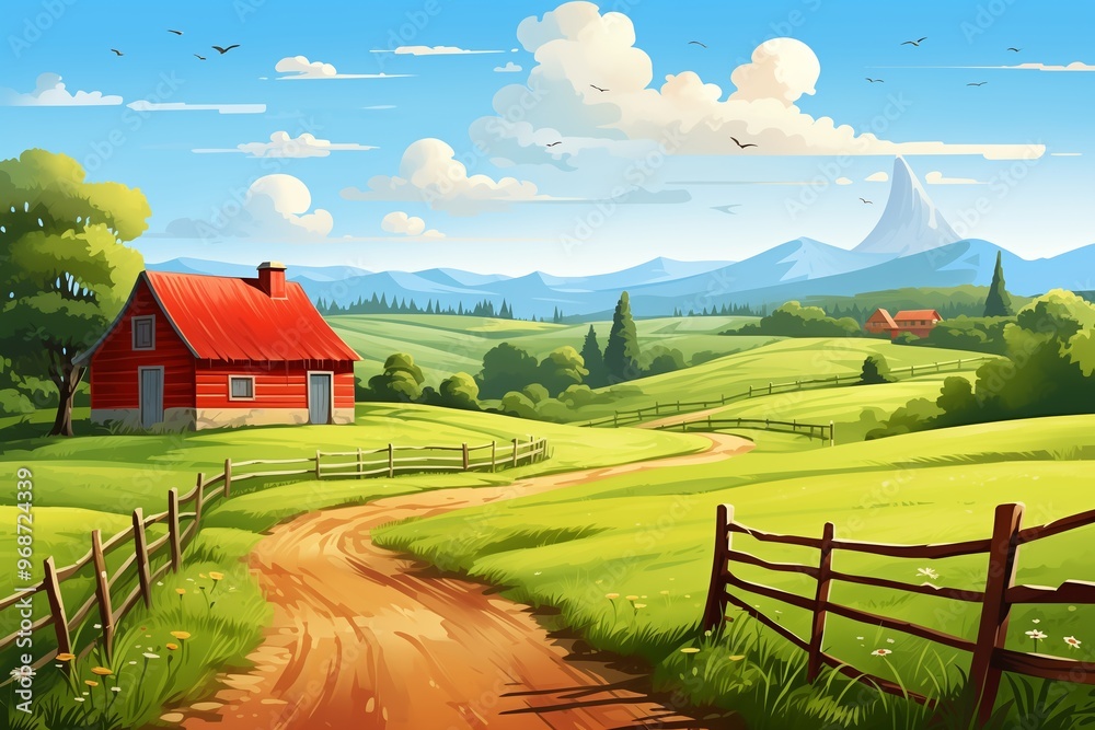 Rural landscape with a farm on field. Beautiful nature with sunny green ...
