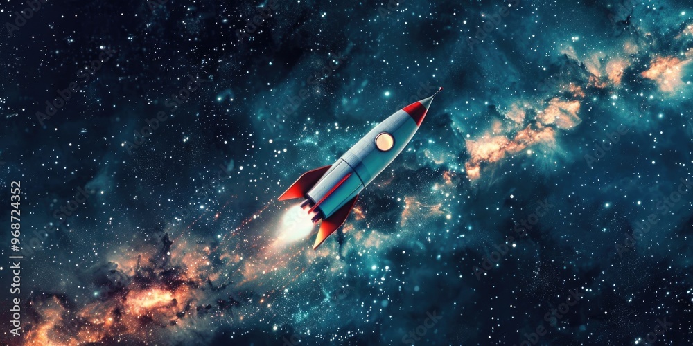Vibrant night sky with rocket ascending from Earth, reaching into ...