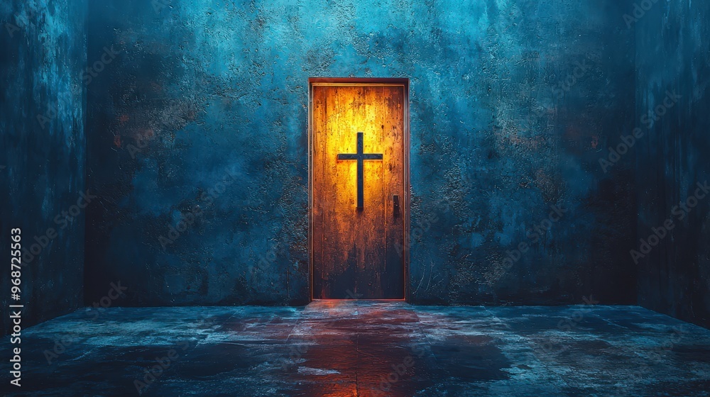 Spiritual Gateway: Cross-Shaped Door Illuminating a Dark Room ...