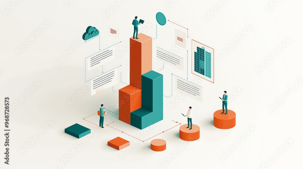 Stylized infographic depicting data analysis with figures and geometric ...