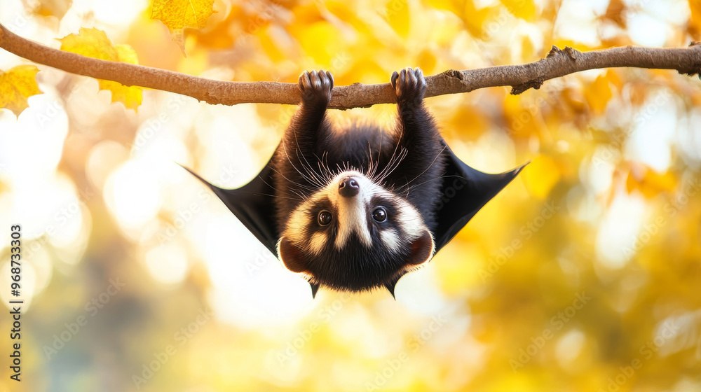 Ferret in bat costume hanging upside down from branch, surrounded by ...