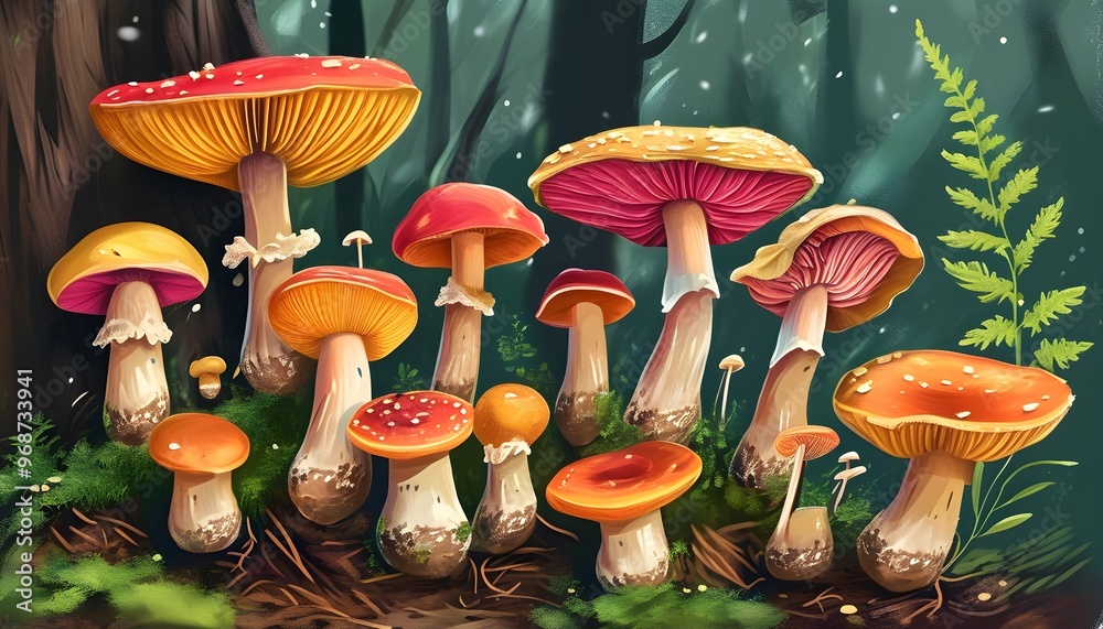 Diverse Edible Mushrooms in Vibrant Colors and Shapes Celebrating Fungi ...