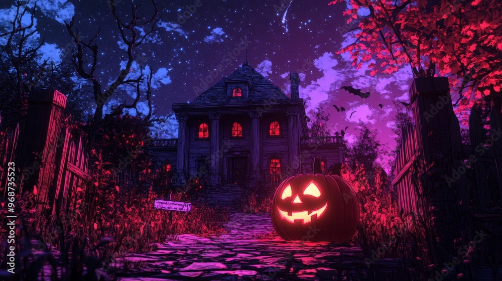 Stockillustratie Spooky Halloween Night Scene with a Large Pumpkin in ...