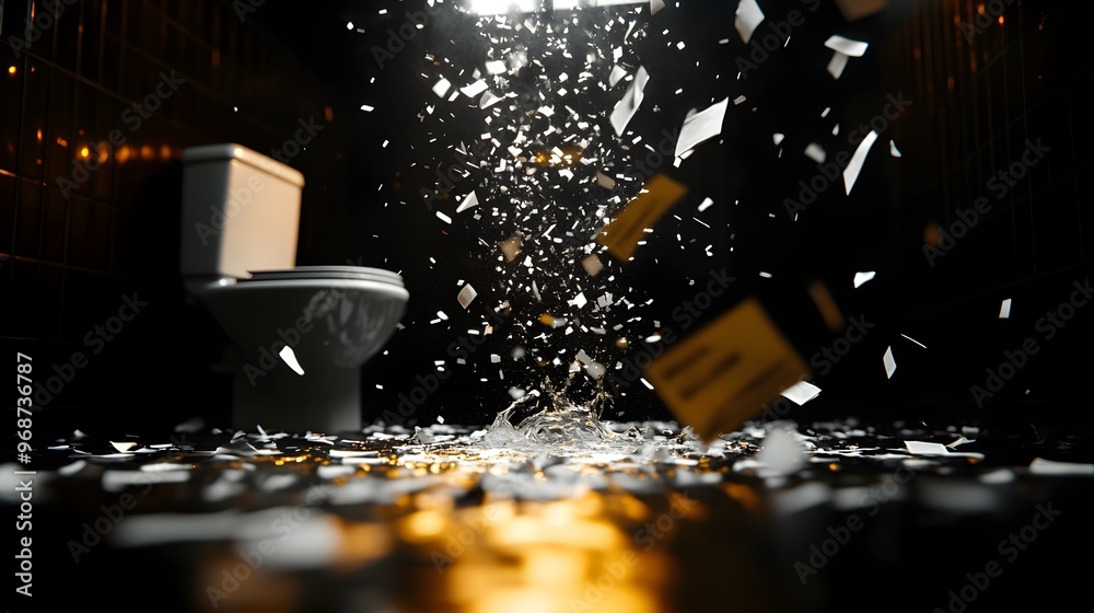 A chaotic bathroom scene with water pouring from an overflowing sink ...