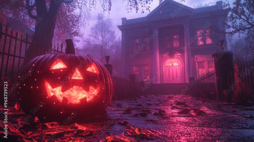 Spooky Halloween Night Scene with a Large Pumpkin in Front of a White ...