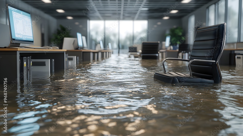 Water-soaked office chairs and desks submerged in a flooded office ...