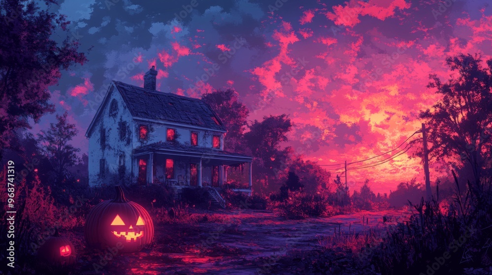 Spooky Halloween Night Scene with a Large Pumpkin in Front of a White ...