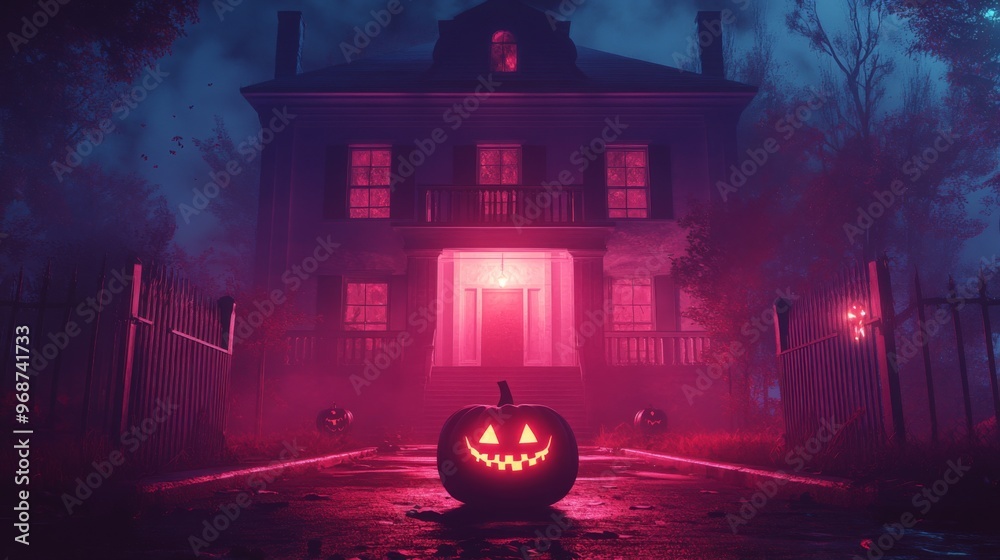 Spooky Halloween Night Scene with a Large Pumpkin in Front of a White ...