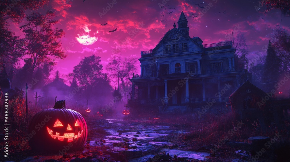 Spooky Halloween Night Scene with a Large Pumpkin in Front of a White ...