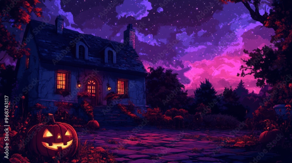 Spooky Halloween Night Scene with a Large Pumpkin in Front of a White ...