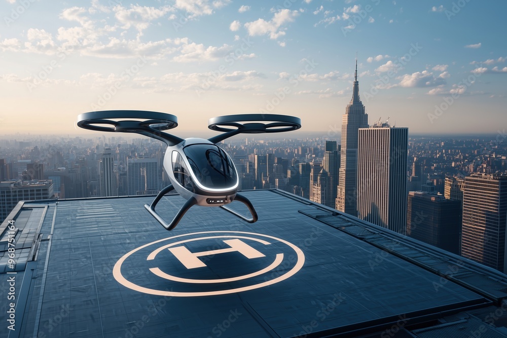 An eVTOL aircraft landing on a rooftop helipad in a modern city ...