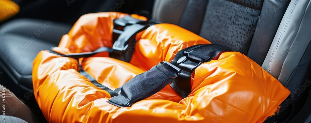Detailed photo showing deployed front airbags in a vehicle interior ...