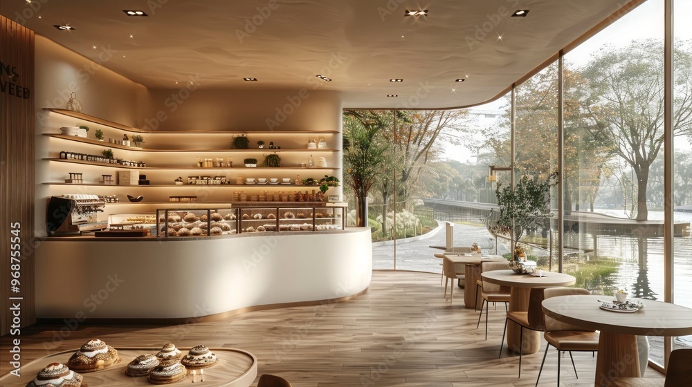 A modern coffee shop with large windows overlooking the river ...