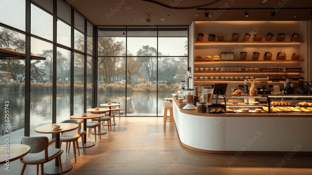 A modern coffee shop with large windows overlooking the river ...