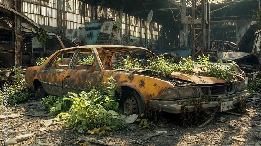 The decaying frame of a car in a junkyard, with plants sprouting ...