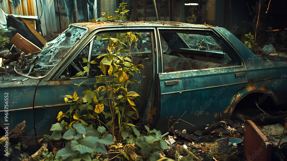The decaying frame of a car in a junkyard, with plants sprouting ...