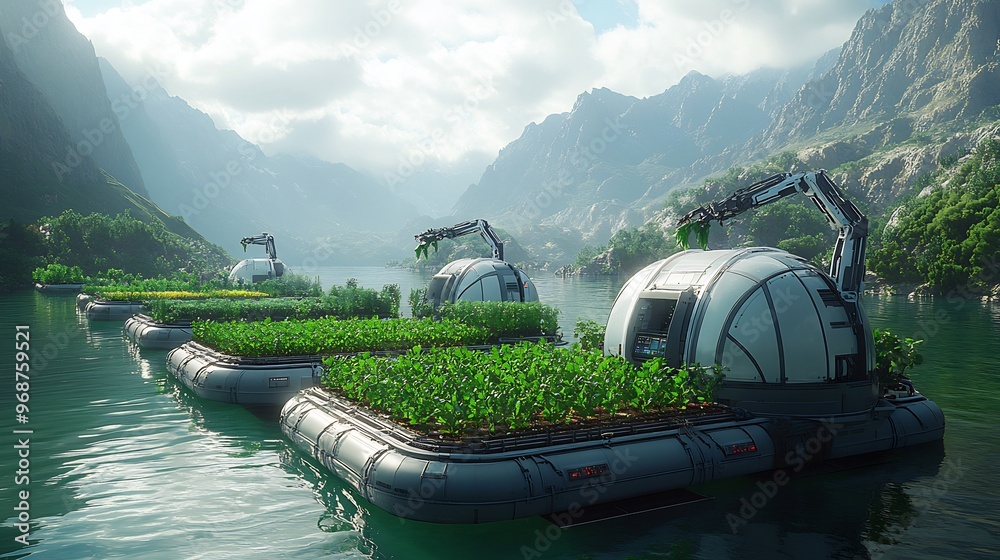 Photorealistic image of a hightech floating farm with crops growing on ...