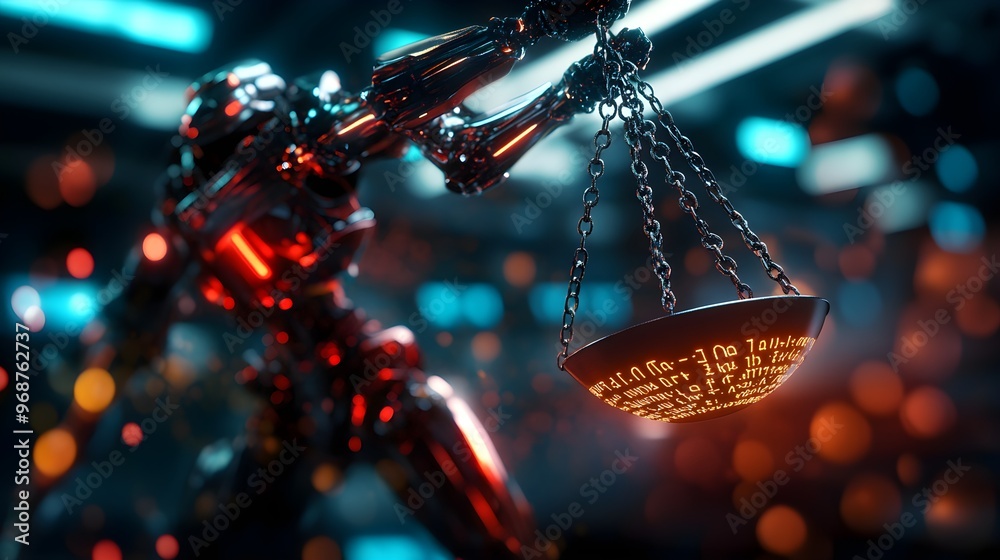 Futuristic robot with chains dragging a large legal scale, glowing ...