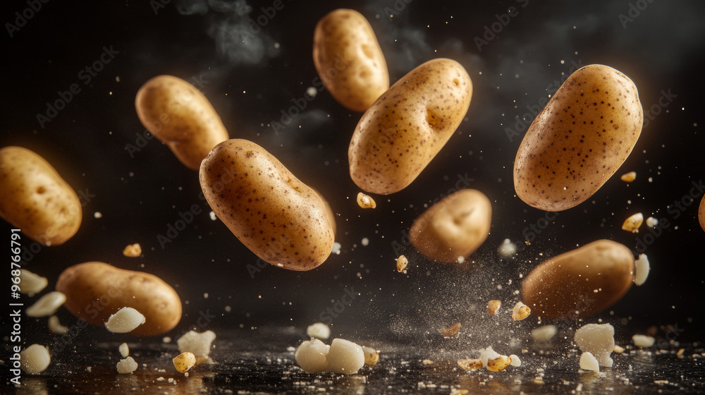 Mexican potatoes are depicted in mid-air, creating a sense of motion ...