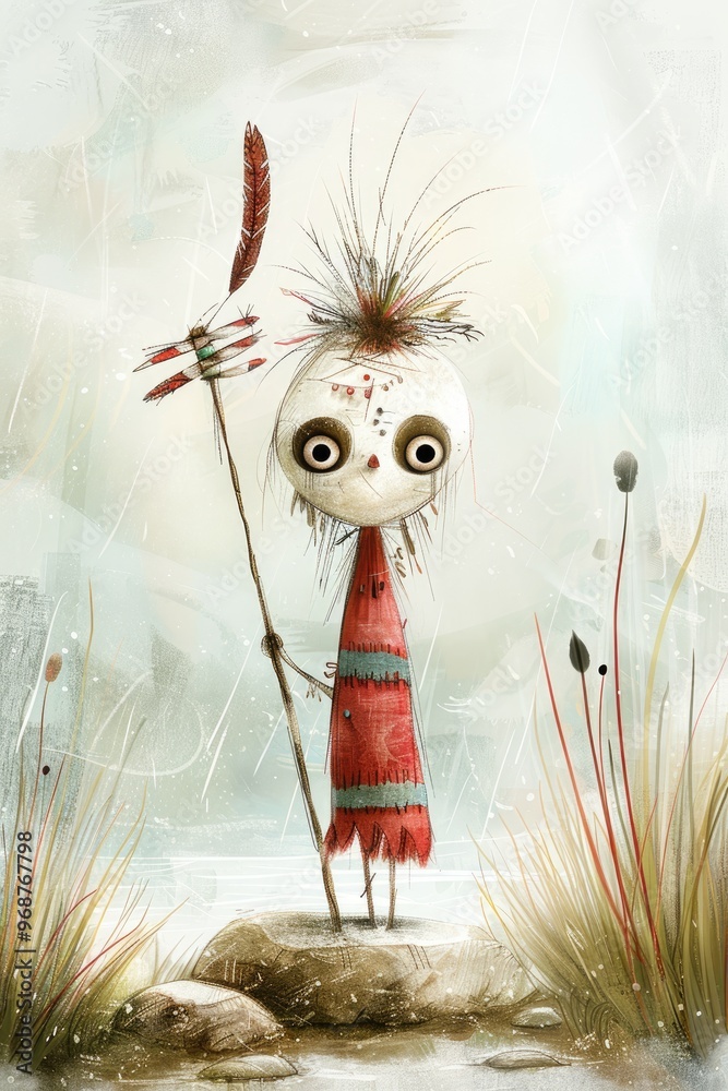 In the early morning fog, a shaman in a mask with a feathered staff ...