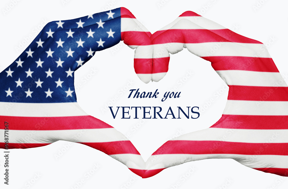 US flag painted on hands forming a heart , text Thank you Veterans, american Veterans Day ...