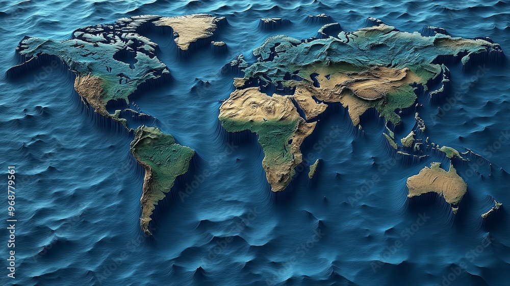 A detailed 3D relief map of the world showcasing landforms and ocean ...