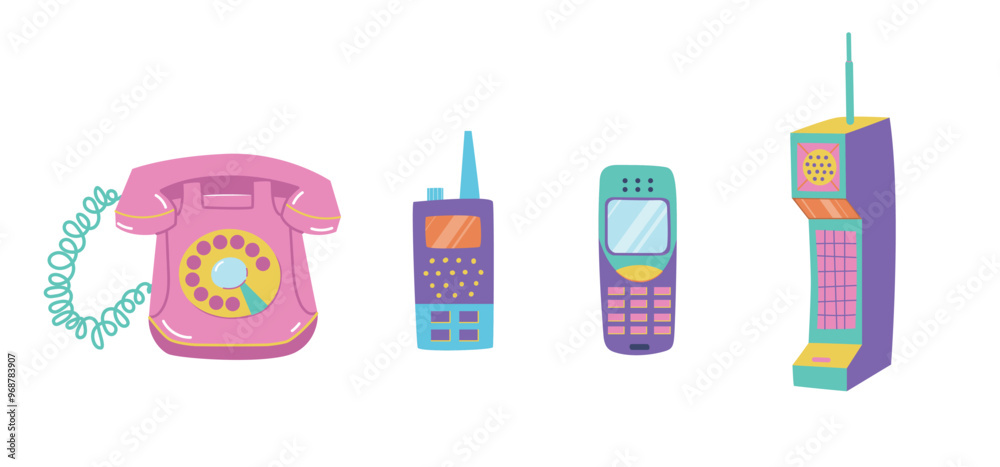 Retro communication devices set. Cartoon rotary phone, cell phone ...