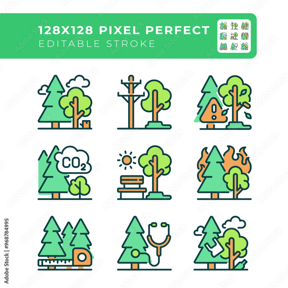 Forest related RGB color icons set. Environmental conservation. Tree ...