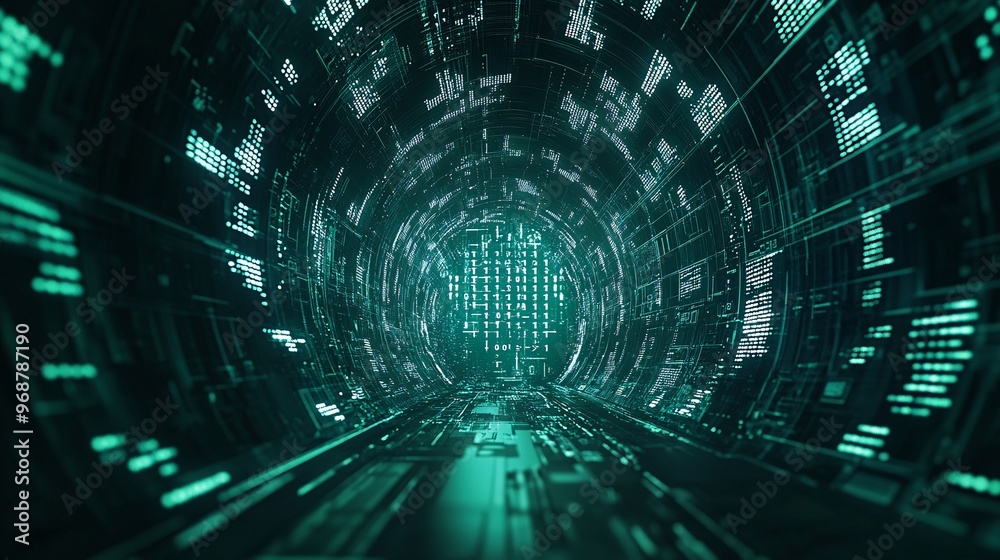 Cybersecurity matrix background with encrypted codes floating in a tech-inspired dark scene ...