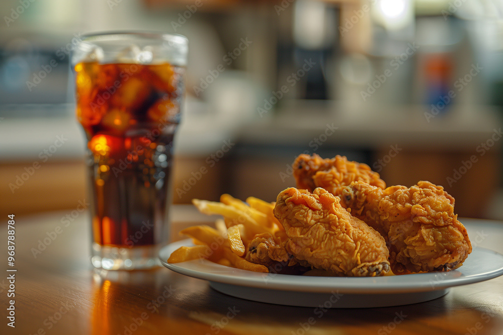Photorealistic fried chicken on a table, with a blurred background ...