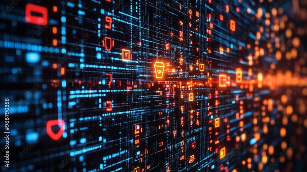 Cyber matrix with floating encrypted codes locks and shield icons representing cybersecurity and ...