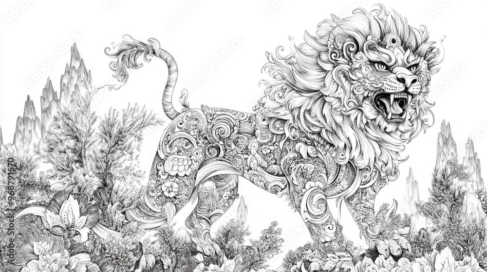 Singha a lion symbol in a mythical forest illustrated in hand drawn ...