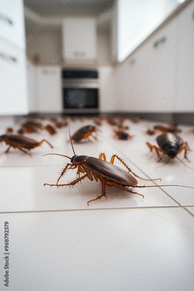 Huge cockroaches in a modern white kitchen, representing the concept of ...