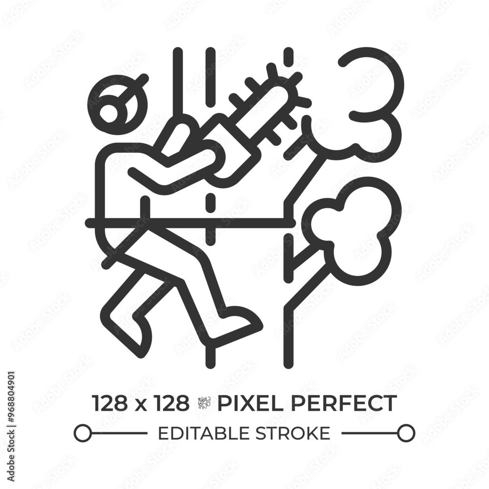 Tree trimming linear icon. Arborist worker with chainsaw. Professional ...