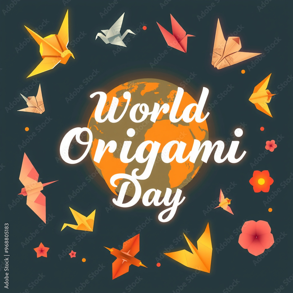 Beautiful design for World Origami Day with colorful origami birds and ...