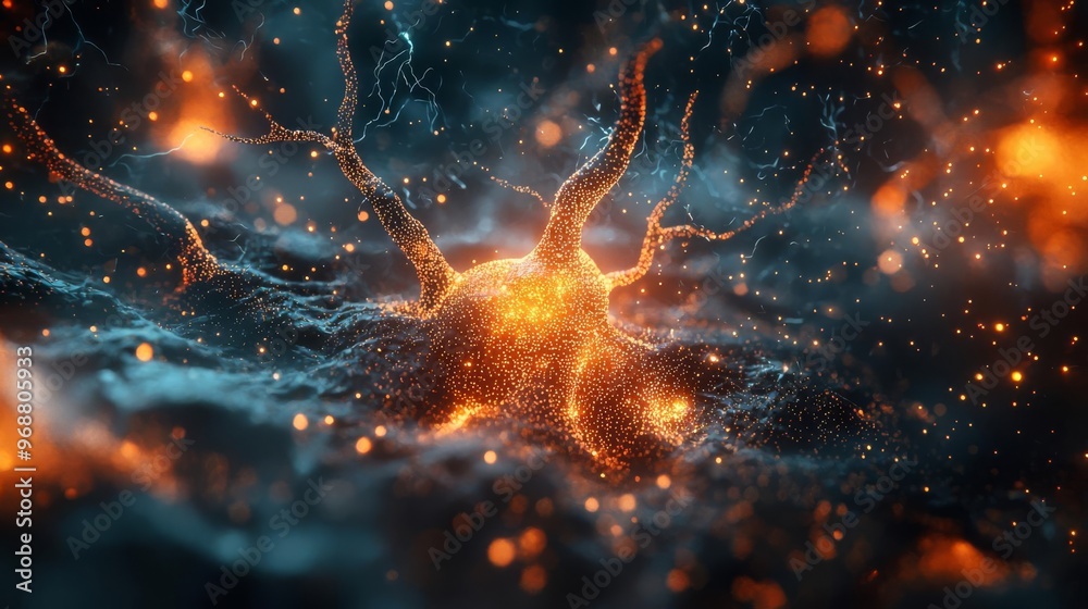 Neural network disintegrating into particles, symbolizing breakdown and ...