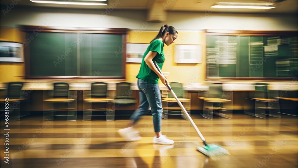 School custodian ensuring cleanliness in classroom environment for ...