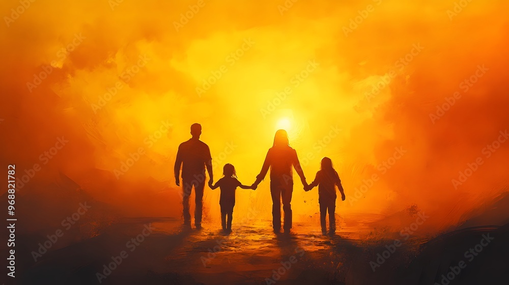 A family holding hands at a border crossing, symbolic of hope and unity ...