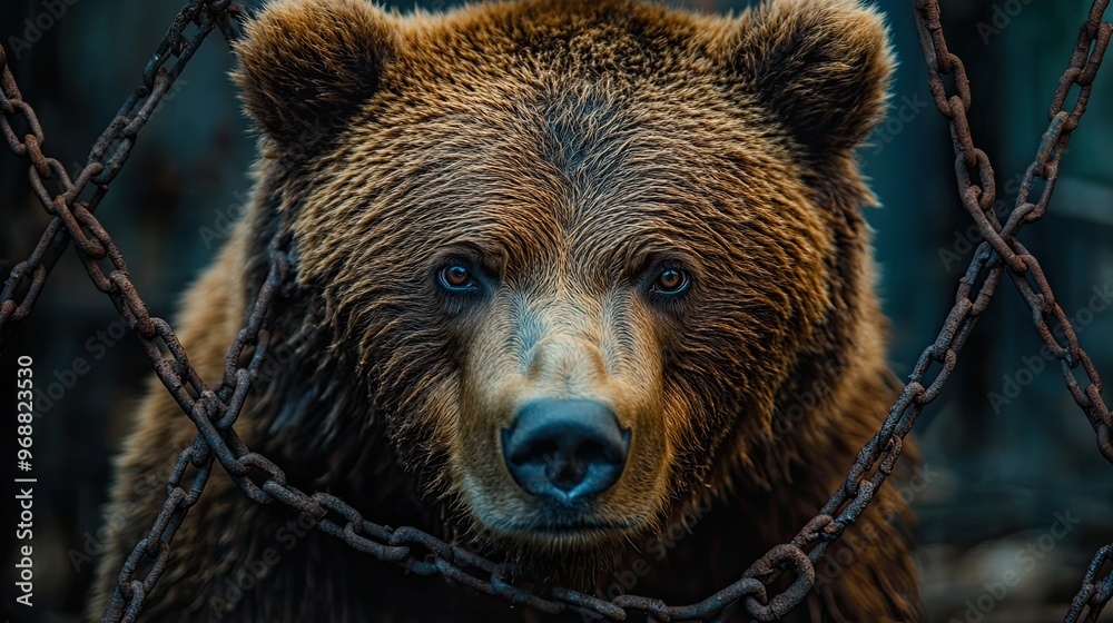 Sad Bear in Chains Behind Bars of a Cage Stock Photo | Adobe Stock