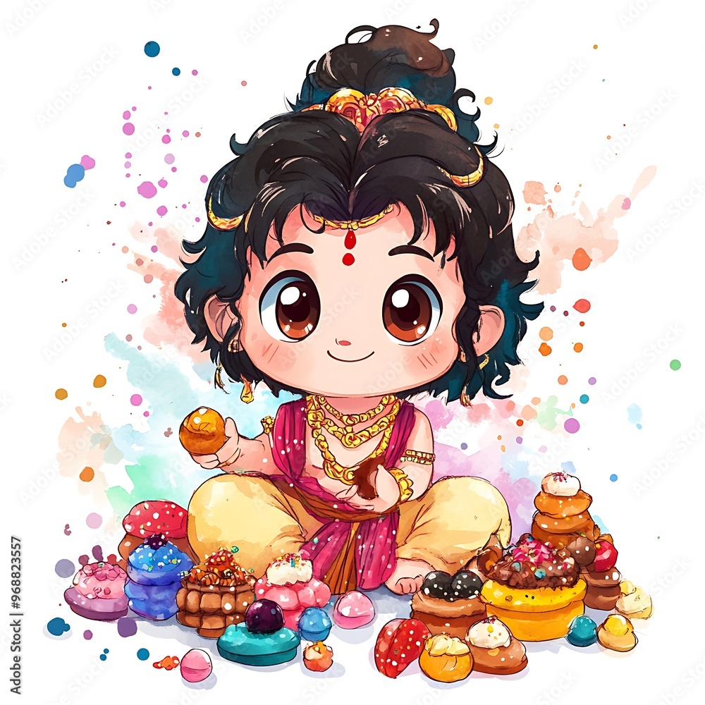 Cute Cartoon Illustration of Hindu God Balarama with Sweets. Stock ...