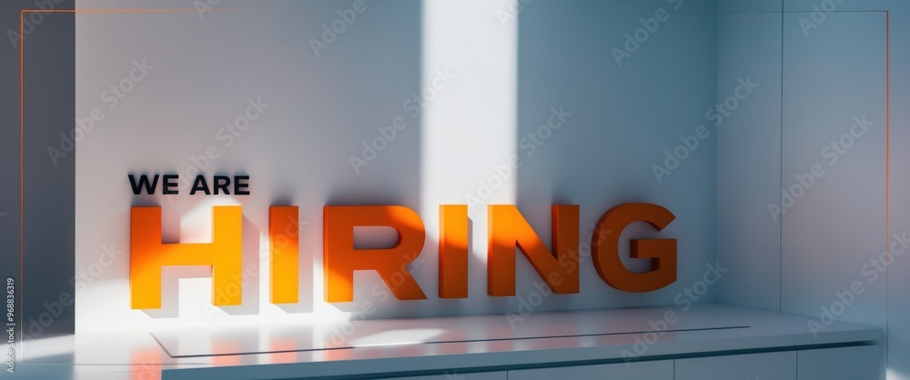 Stylish office space featuring bold 'We Are Hiring' sign, representing ...