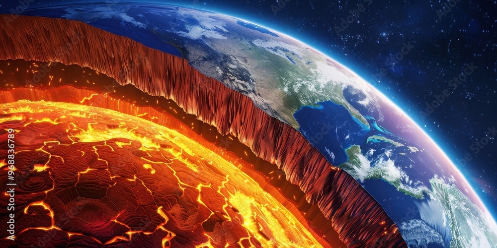 Cutaway view of Earth's interior showing heat flow from the core to the ...