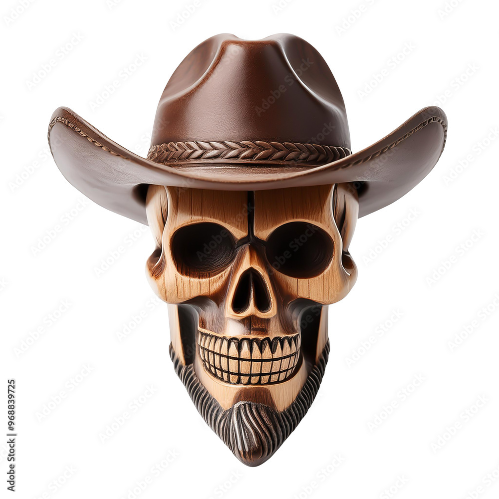 A handcrafted wooden skull wearing a cowboy hat, blending rustic ...