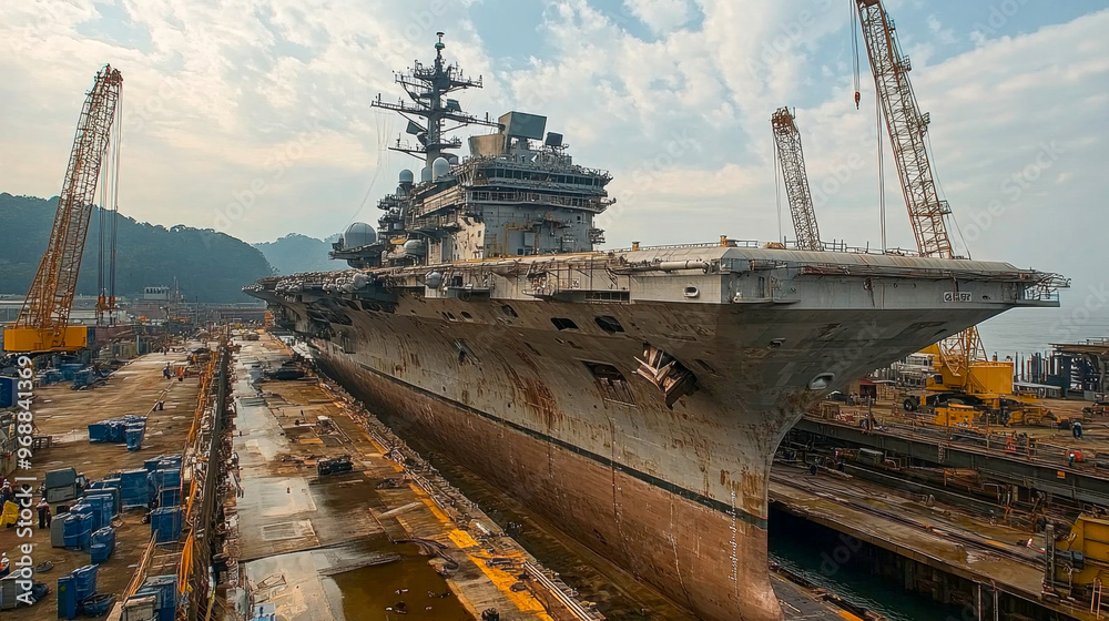 Large military aircraft carrier undergoing repairs and maintenance in a ...