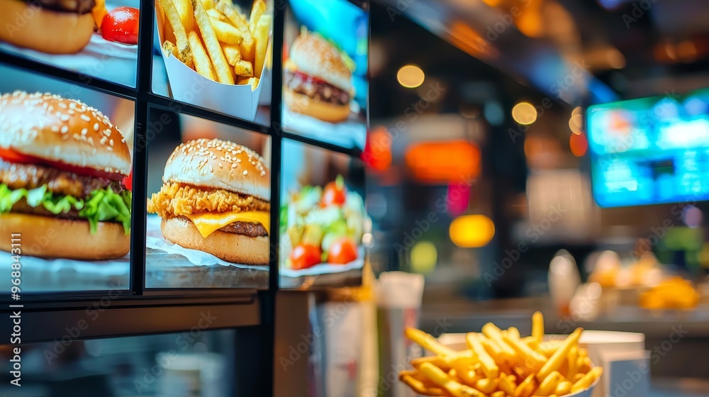 Digital menu boards highlight various burgers and sides at a busy fast ...