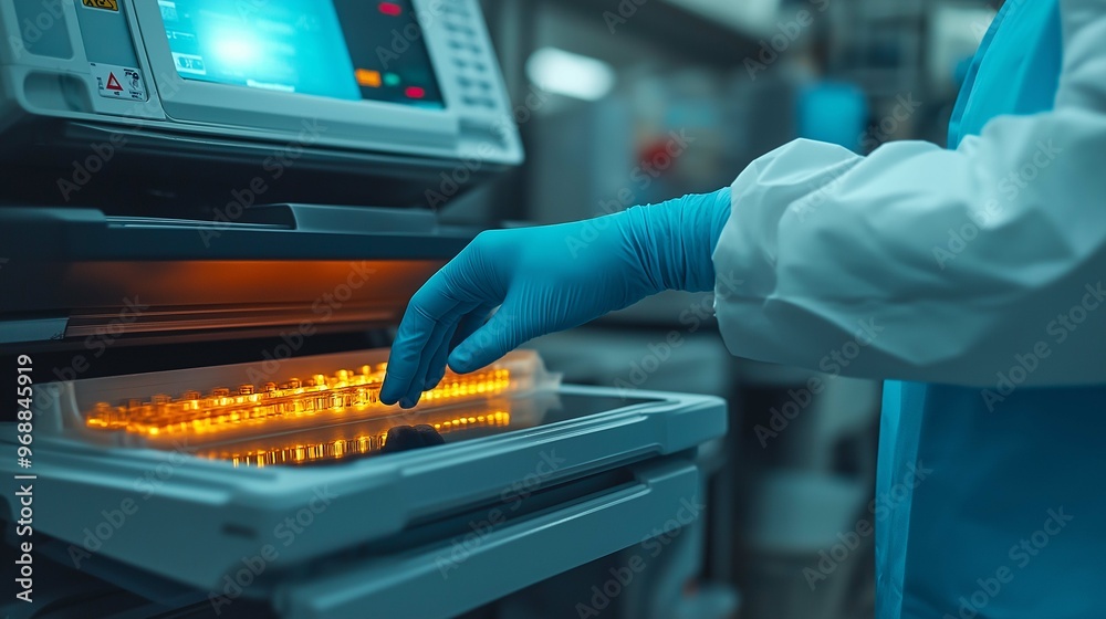 Technician inspecting medical devices for compliance with safety ...