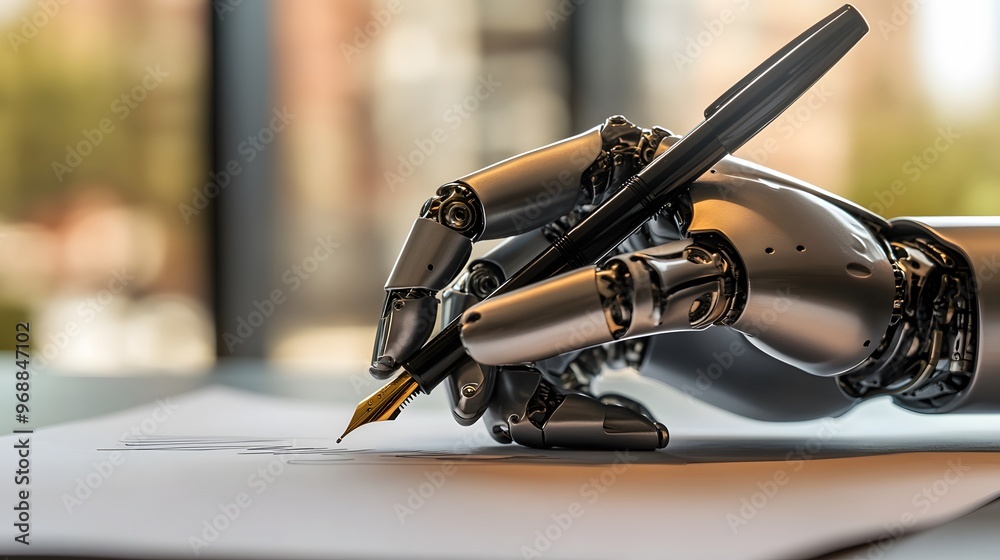 Realistic robot hand with a metallic sheen, writing with a traditional ...