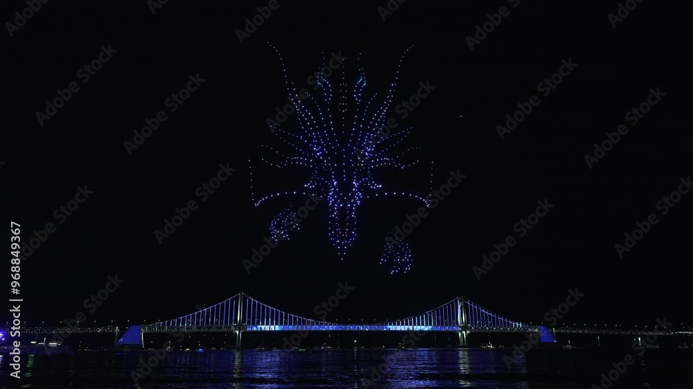 Glowing Flying Drones Hive Froming 3d Dragon Head in Night Sky ...